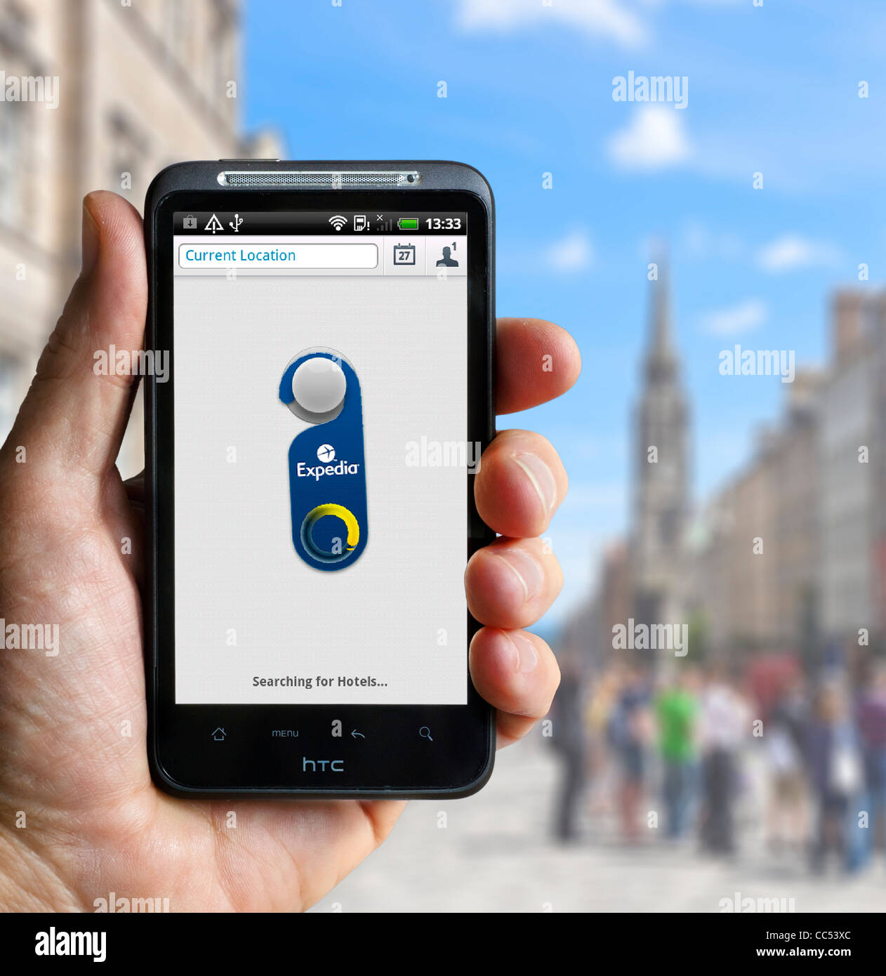 Searching for a hotel in current location using the Expedia Hotels app ...