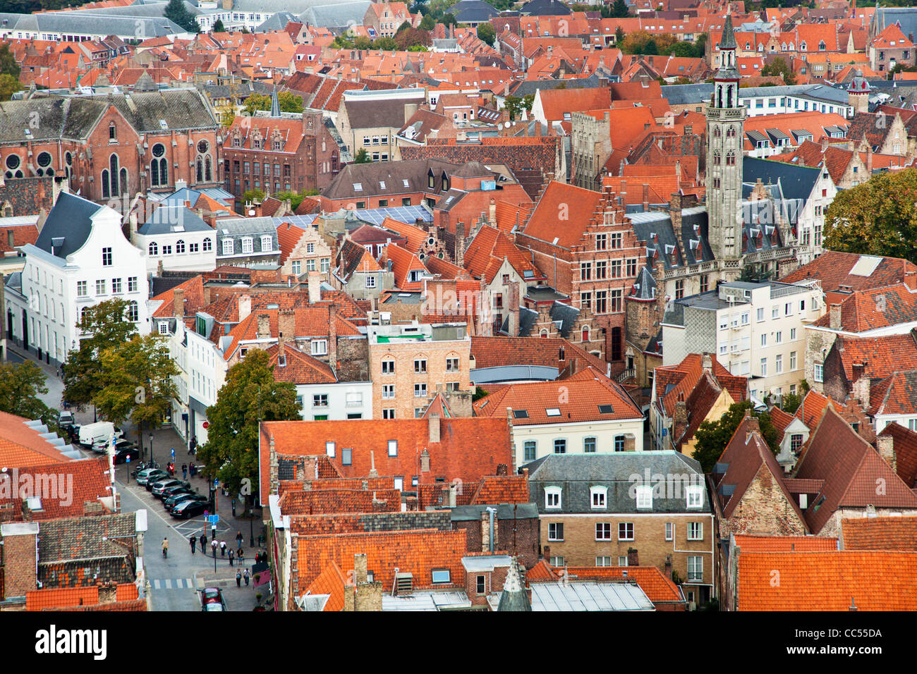 Aerial view over the rooftops of the medieval Belgian town of Bruges ...