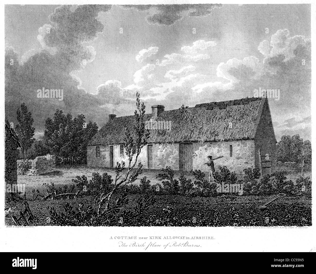 The birthplace of Robert Burns, an engraving from a book about Robert ...