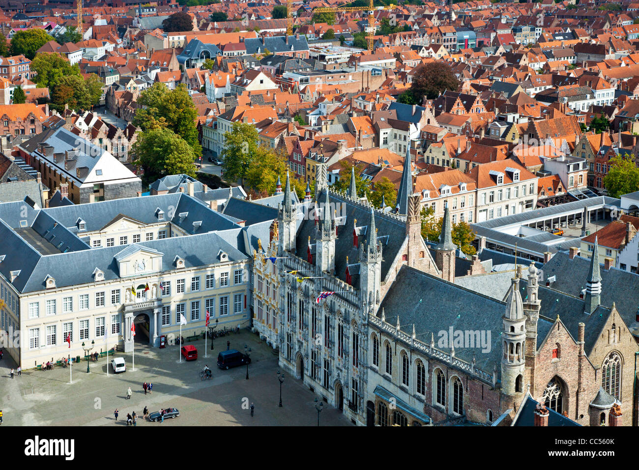 Aerial view over the Burg square in the medieval Belgian town of Bruges ...