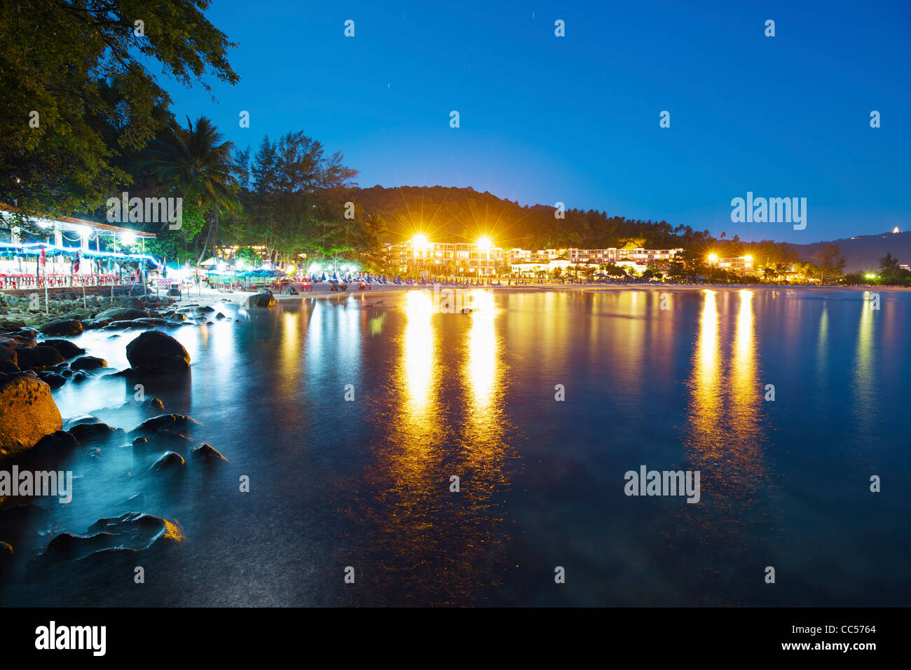 View Of Karon Beach A Popular Tourist Destination At Night Time Phuket Island Thailand Long