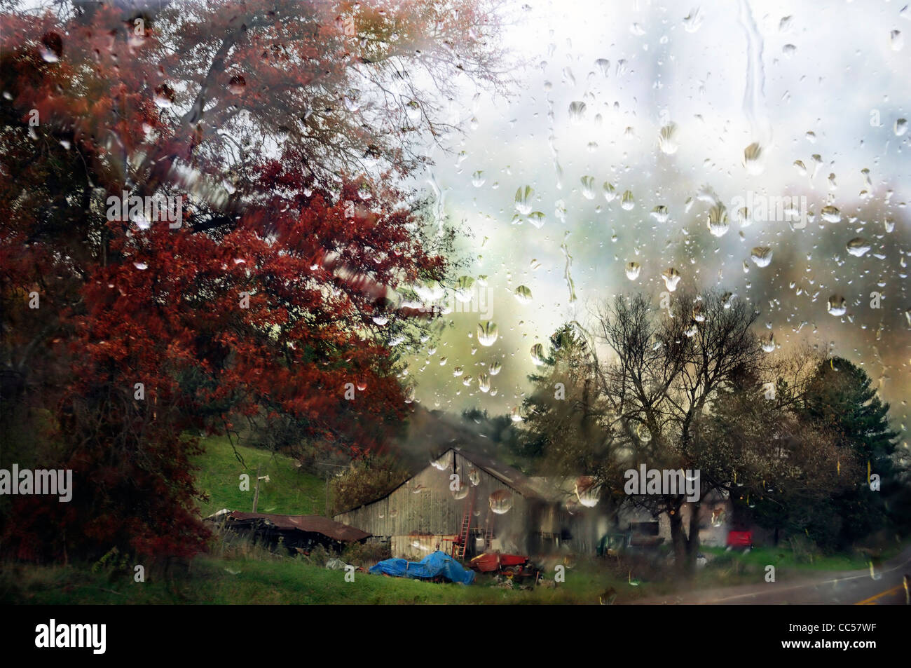 autumn foliage and house as seen through a window in the rain Stock ...