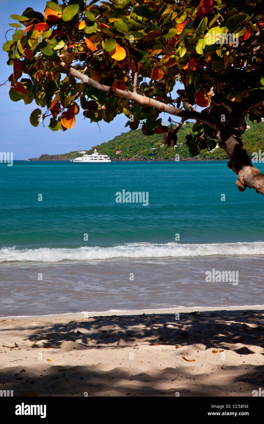 View of luxury yacht from beach at Megan's Bay, St. Thomas, US Virgin ...