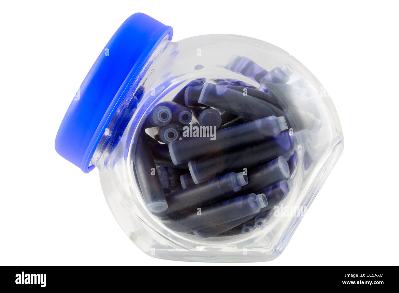 Glass jar with ink cartridges. Isolated on white. Isolated with ...