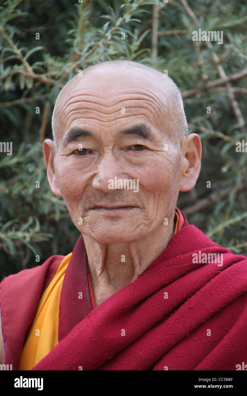 Portrait of Smiling Tibetan monk wrinkled from the harsh Himalayan sun ...