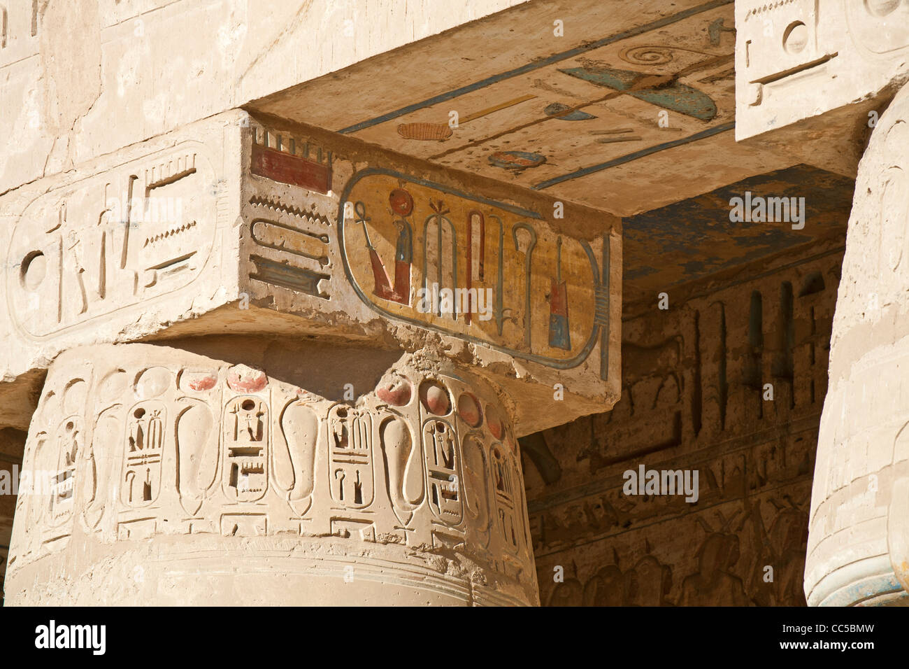 View of painted column capitals in the Mortuary Temple of Pharaoh ...
