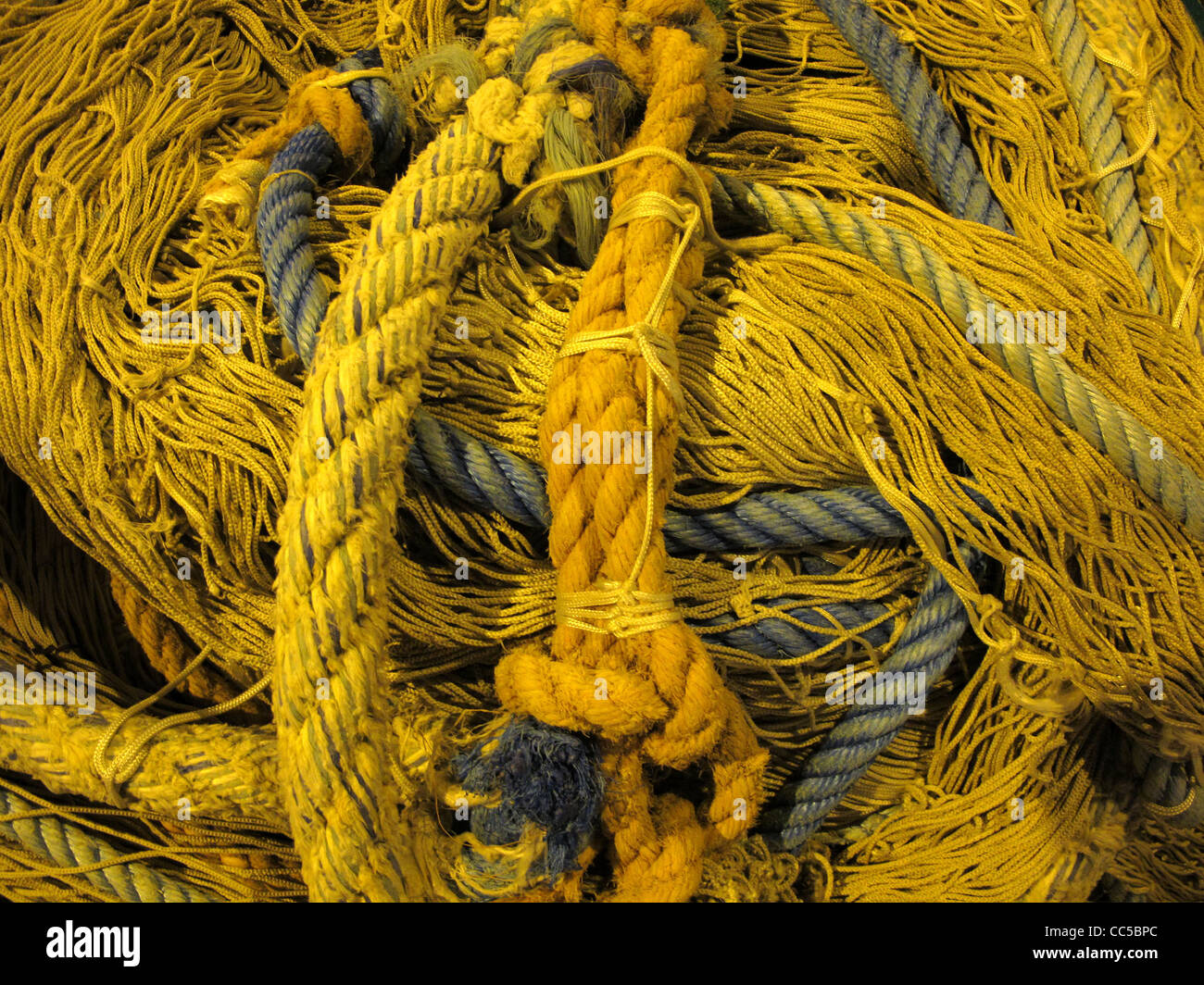 close up of fishing rope and nets in dock port harbour at night Stock ...