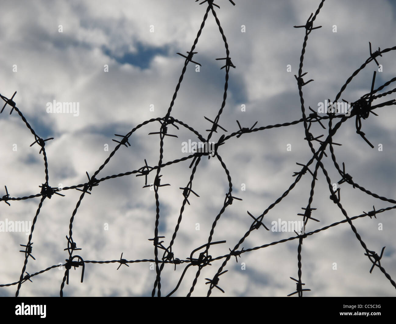 tangled spiral barbed wire fence against clouds sky in sun Stock Photo ...