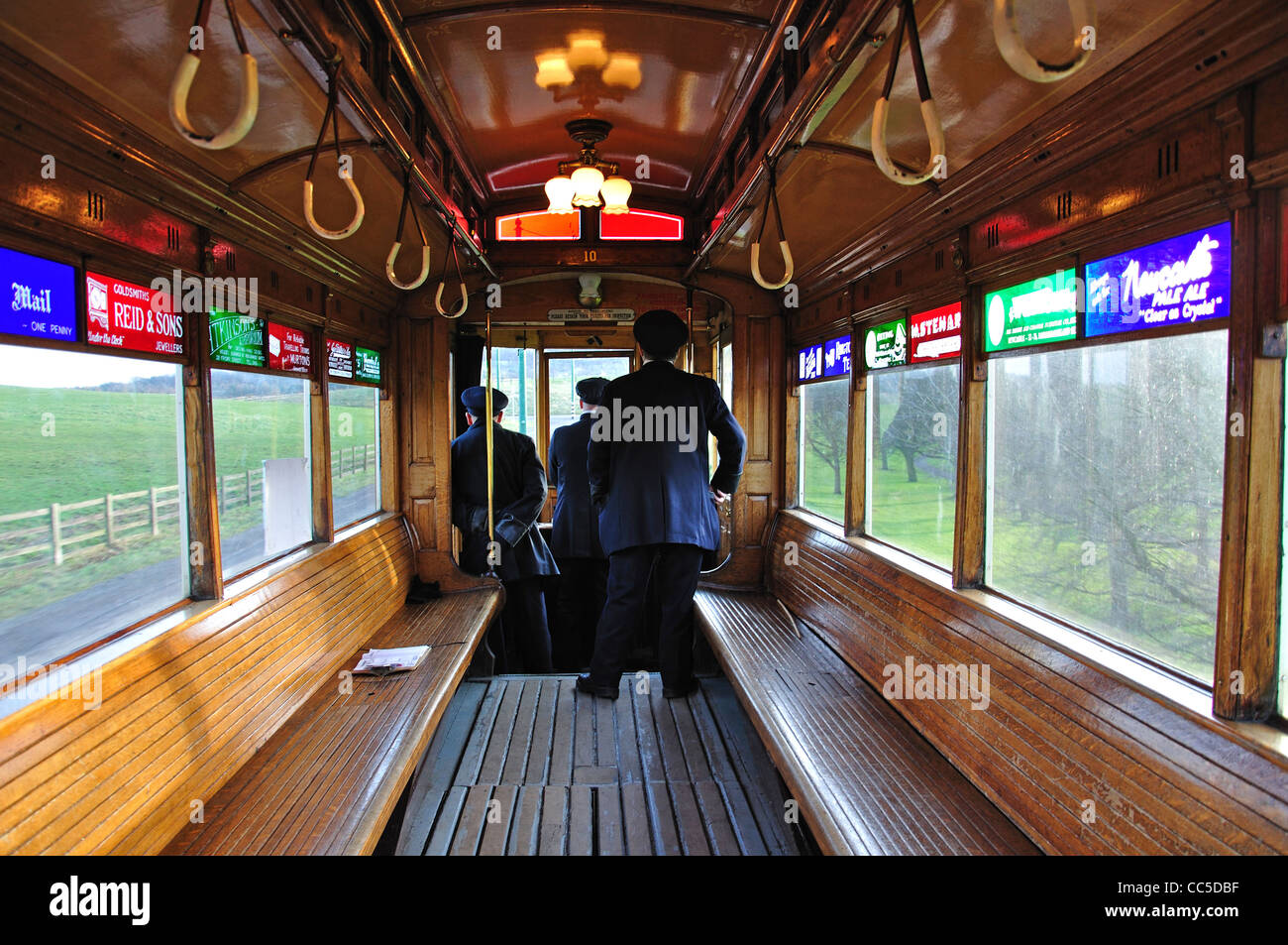 Interior of tram at Beamish, The North of England Open Air Museum, near ...