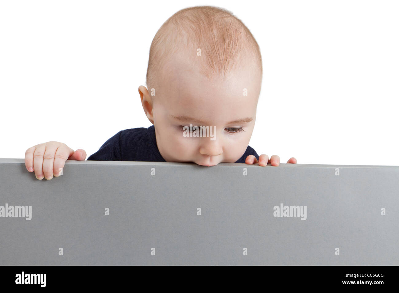young child holding sign. isolate on white background Stock Photo - Alamy