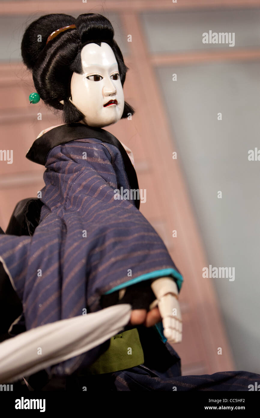 Bunraku puppet performance and dolls at the Awaji Ningyoza theater ...