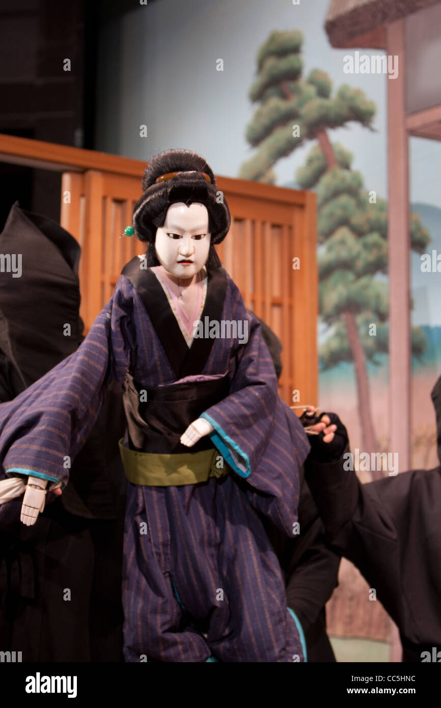 Bunraku puppet performance and dolls at the Awaji Ningyoza theater ...
