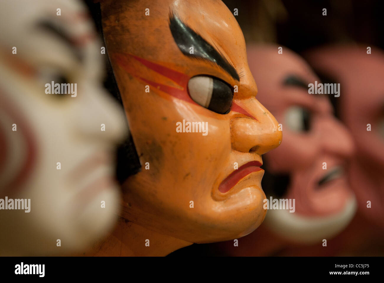 Bunraku puppet performance and dolls at the Awaji Ningyoza theater, near Fukura, on Awaji Island ...