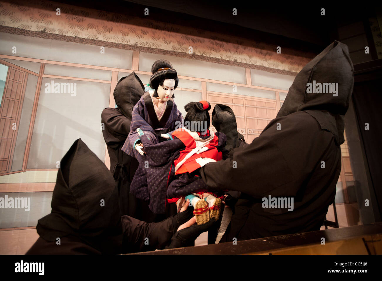 Bunraku puppet performance and dolls at the Awaji Ningyoza theater ...