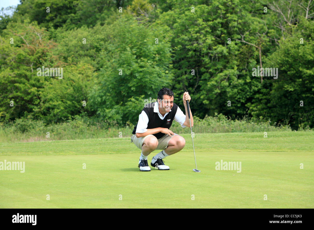 Golfer lining up his putt on the green Stock Photo - Alamy