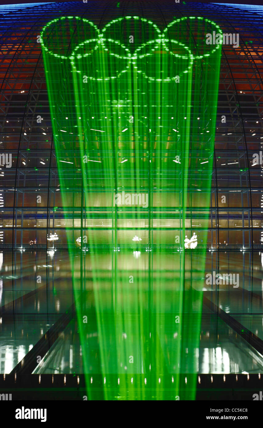 Five Olympic rings ray decorated on the National Centre for the ...