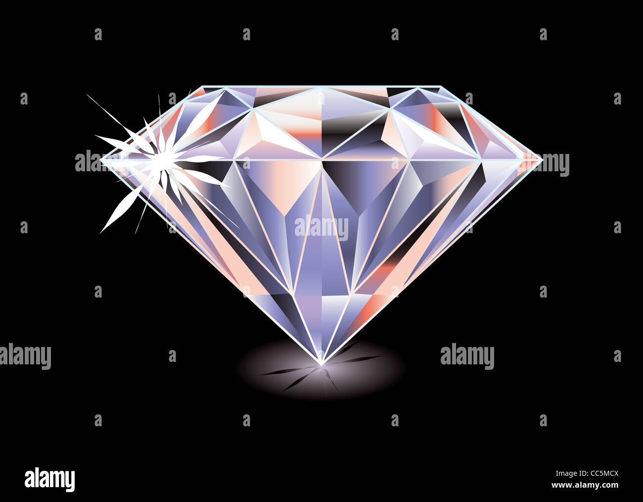 Artistic brightly coloured cut diamond with shadow and reflection on ...