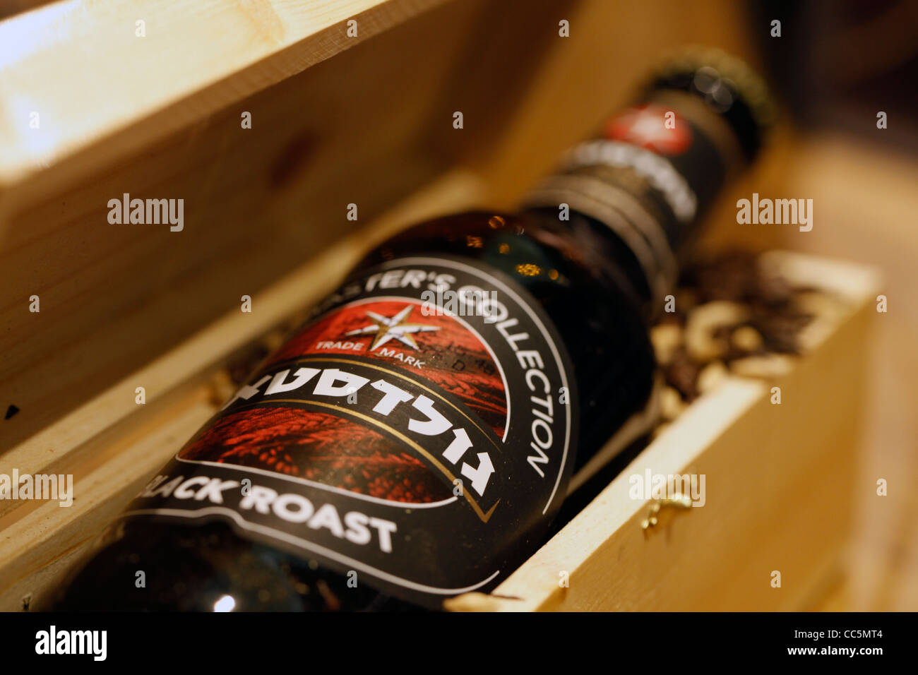 A bottle of Israeli Goldstar Black Roast beer made of high quality ...