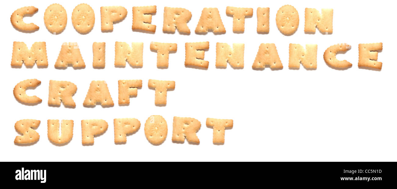 The words: cooperation, maintenance, craft, support made of cookies ...