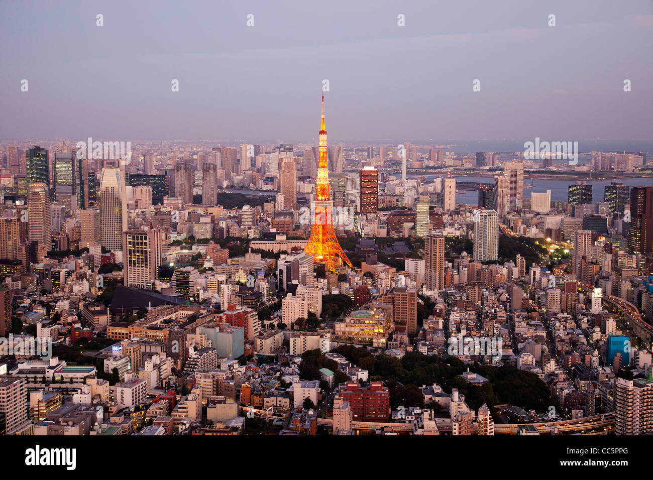 Japan, Tokyo, Roppongi, View of Tokyo Tower and City Skyline from Tokyo ...