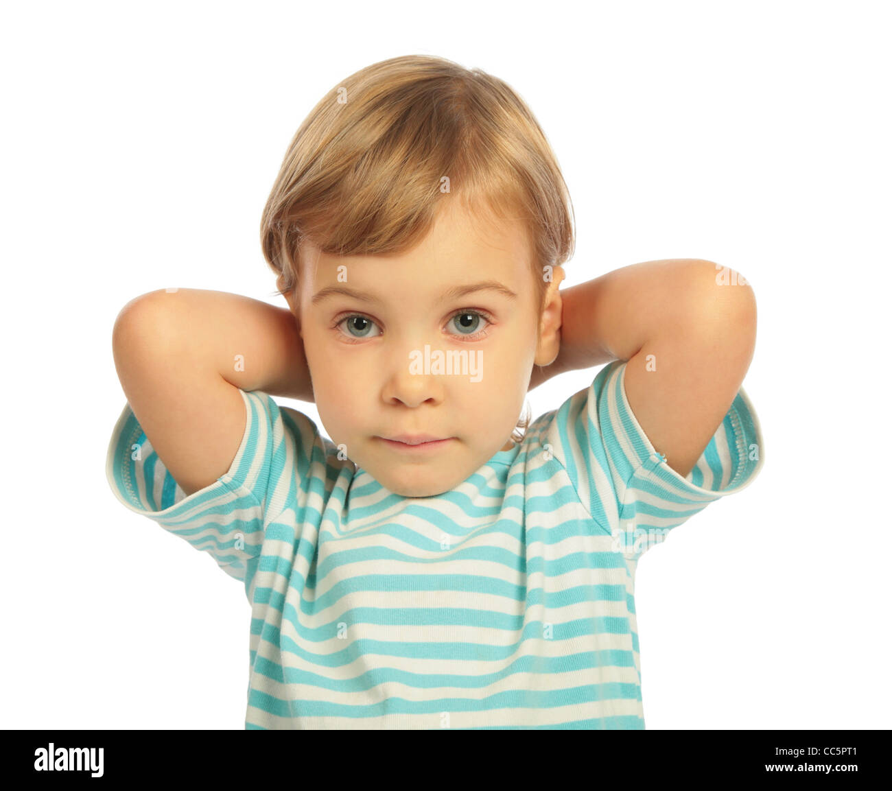 Little girl put hands on a neck. Close-up Stock Photo - Alamy
