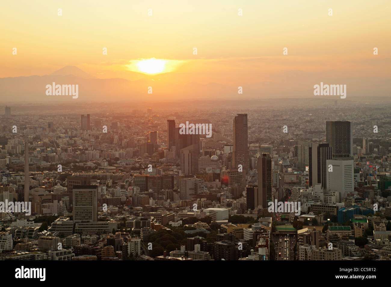 Japan, Tokyo, Roppongi, View of Shibuya Skyline and Mount Fuji at Dusk ...