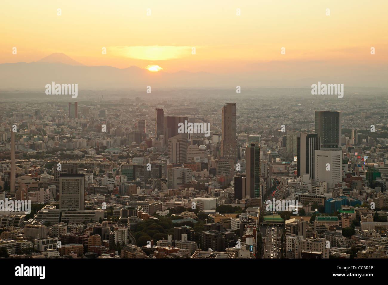 Japan, Tokyo, Roppongi, View of Shibuya Skyline and Mount Fuji at Dusk ...