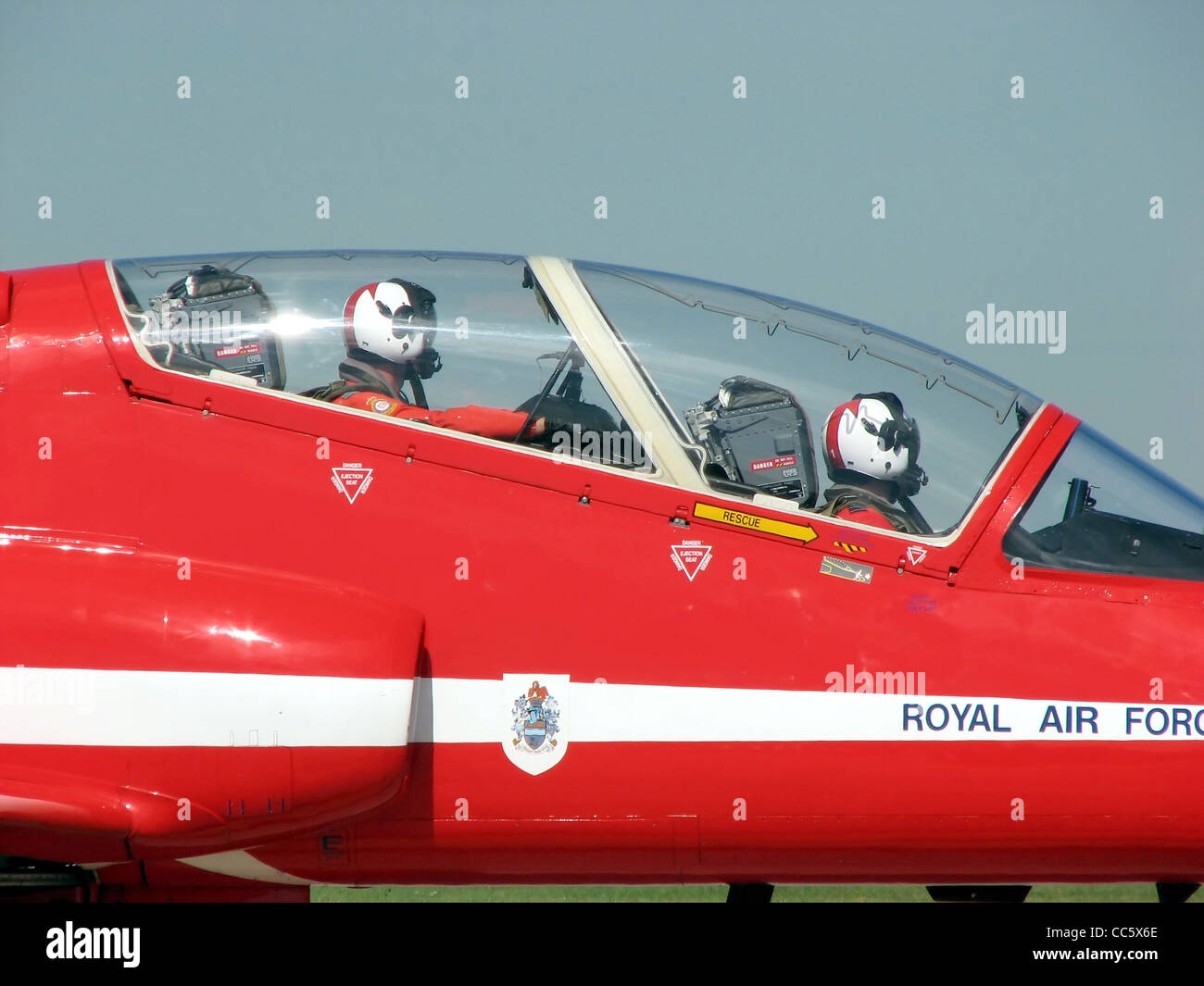 A closeup of a Red Arrows Hawk aircraft as it taxis for takeoff at the ...