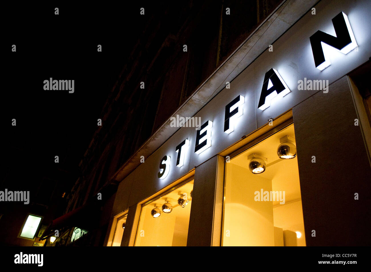 Neon Shop Sign reading Stefan in Venice at Night Stock Photo - Alamy