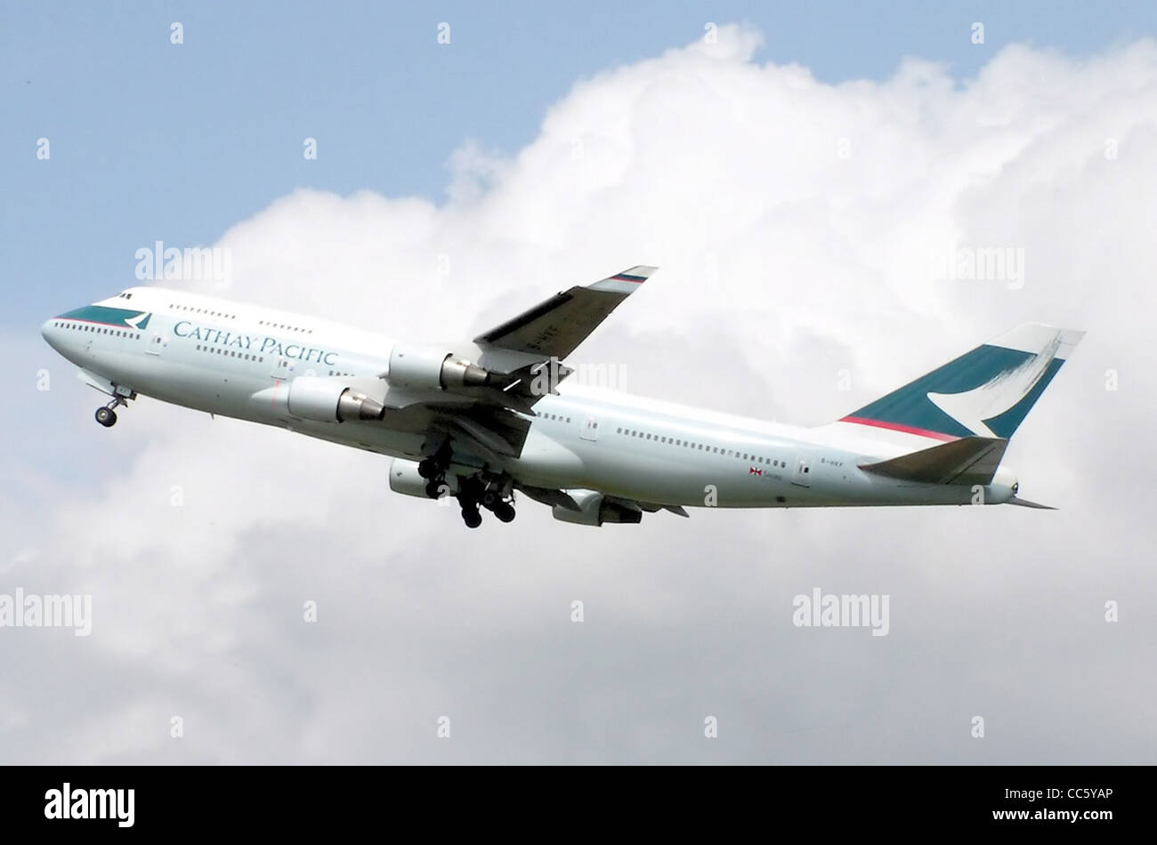 A Cathay Pacific Boeing 747-400 (B-HKF) is seen landing at London ...