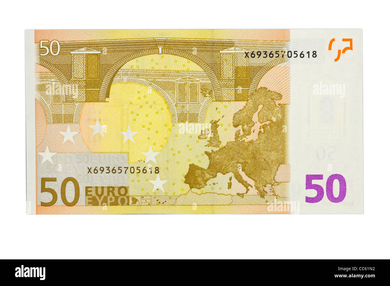 Rear side of a 50 Euro banknote in front of white background Stock ...