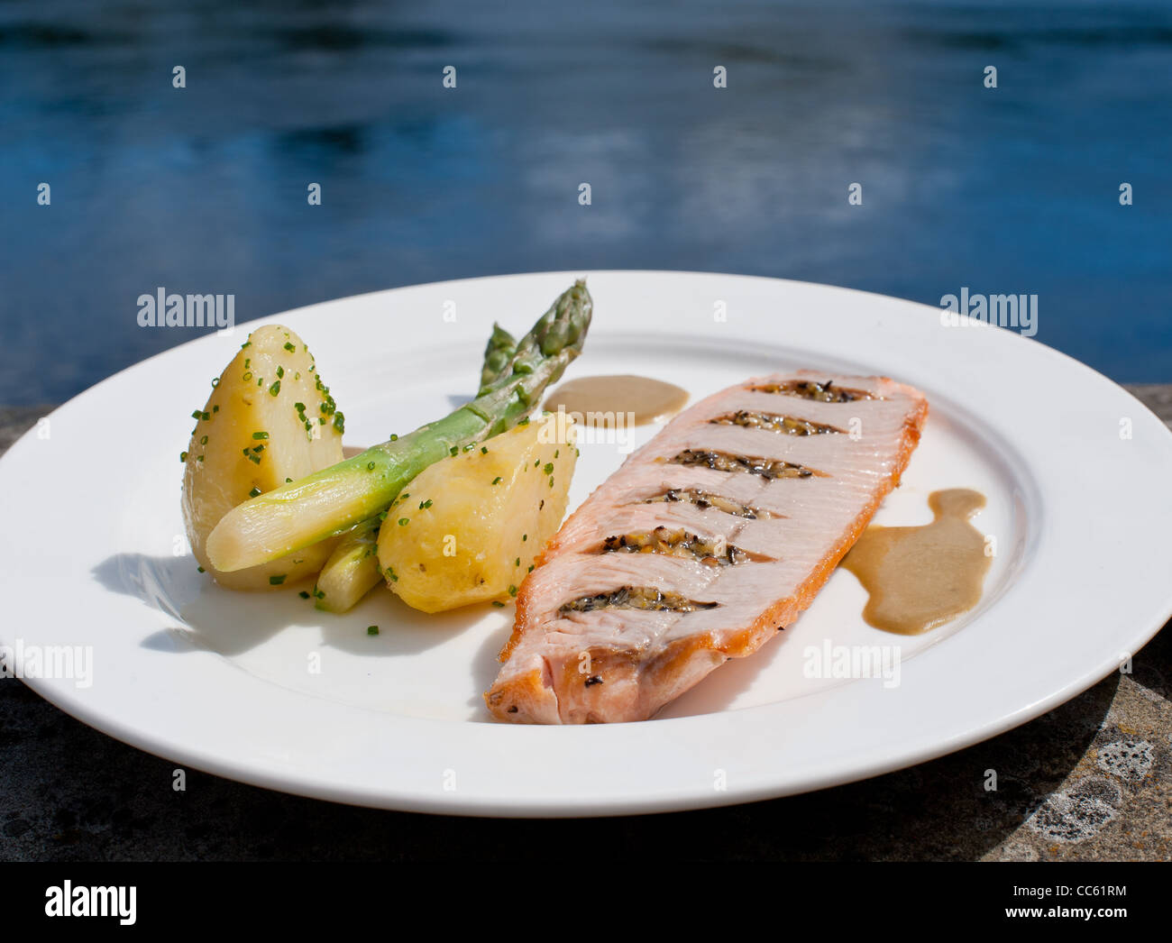 Scottish trout dish with boiled potatoes, asparagus and lemon on the ...