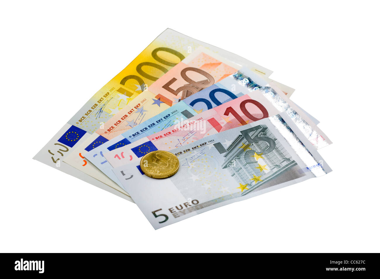 Euro bank notes and coins in front of white background Stock Photo - Alamy