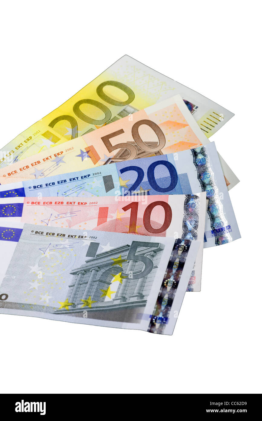 Euro banknotes widespread in front of white background Stock Photo - Alamy
