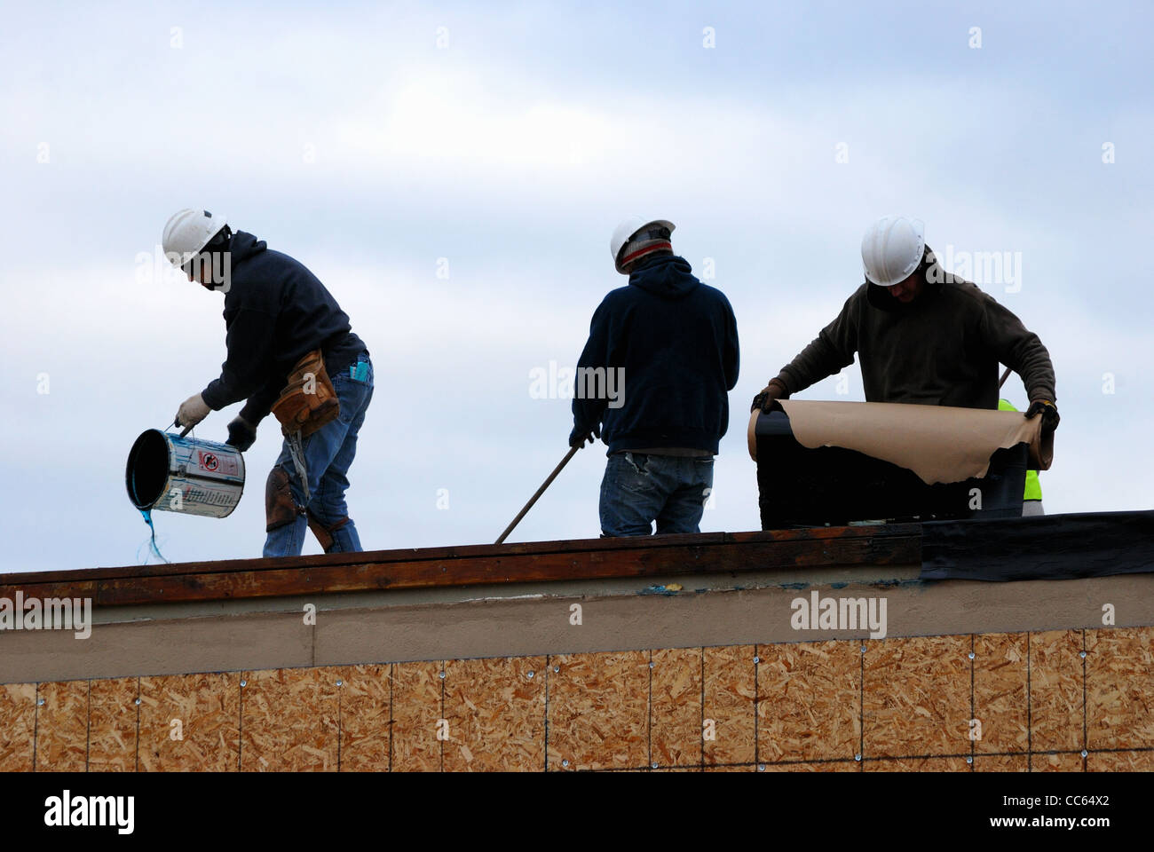 Three men restoring surface of flat roof with tar paper Stock Photo - Alamy