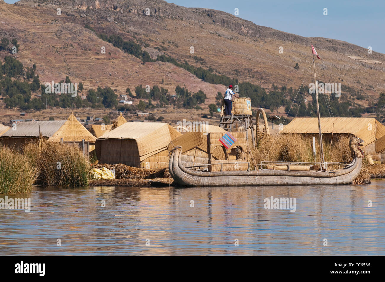 Peru, Lake Titicaca. Quechua or Uros Indian village on the floating ...