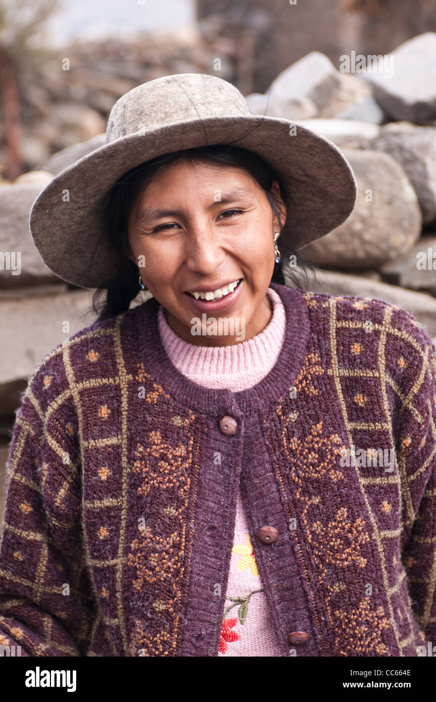 Peruvian Quechua or Quecha woman in traditional dress hat, Atuncolla ...
