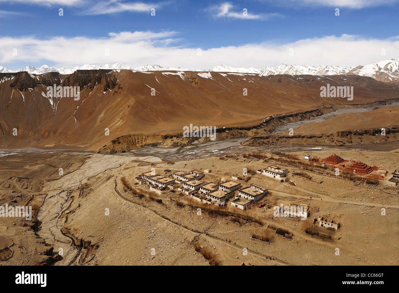 Aerial view of Tibetan houses beside Maquan River, Ngari, Tibet, China ...