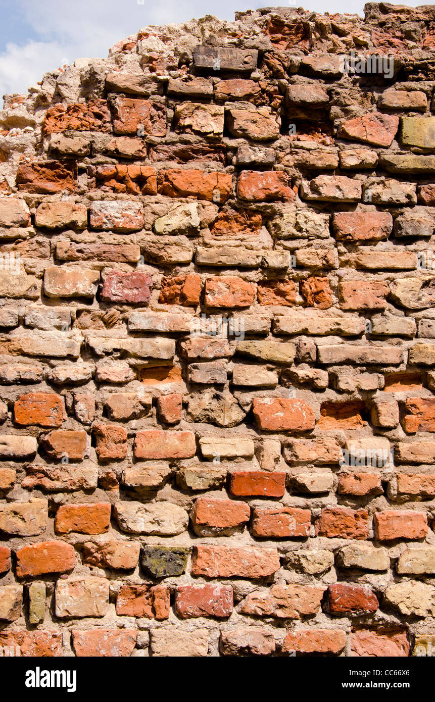 Old dilapidated brick wall backdrop of abandoned building and small ...