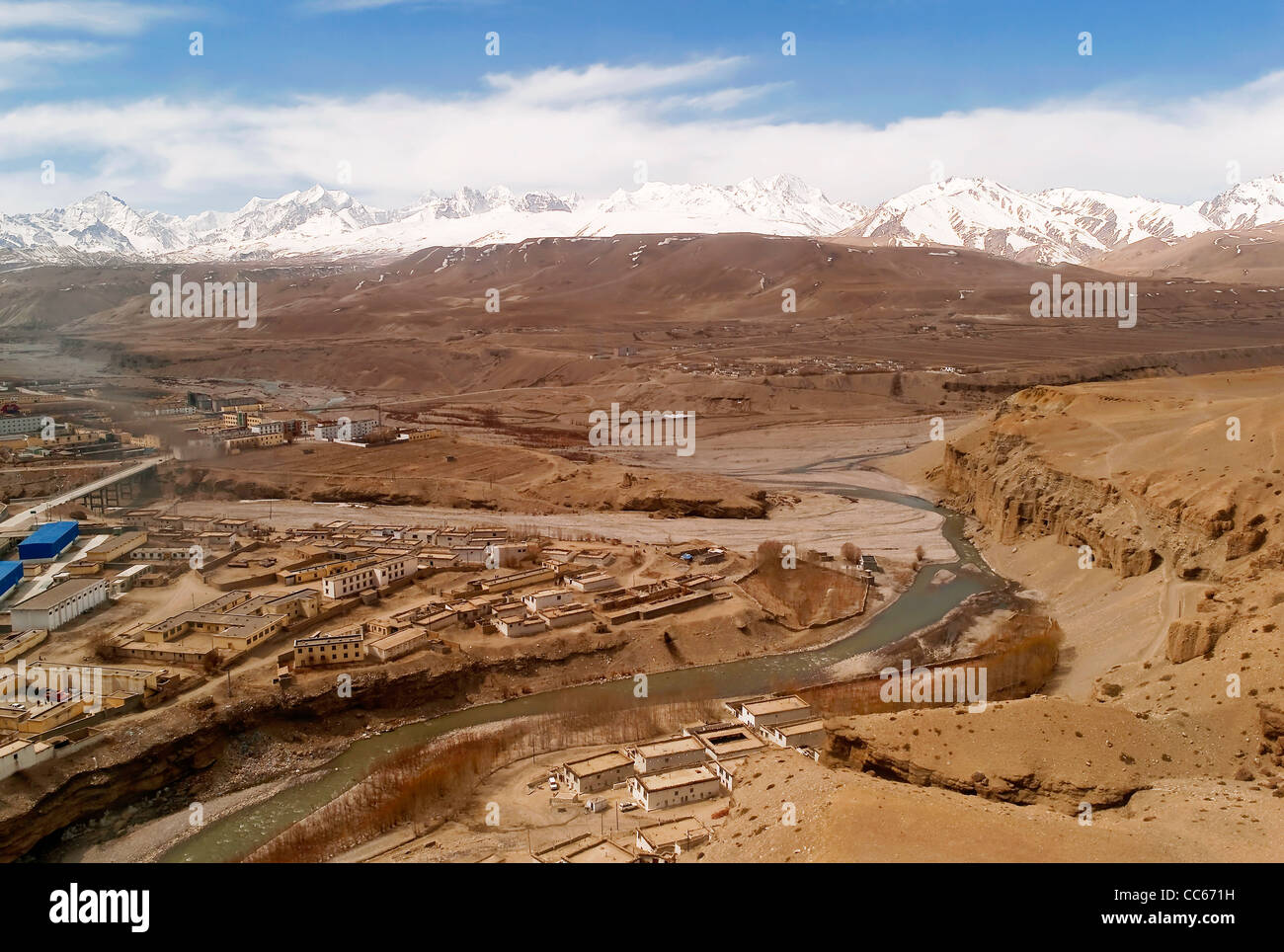 Aerial view of Tibetan houses beside Yarlung Zangbo River, Ngari, Tibet ...