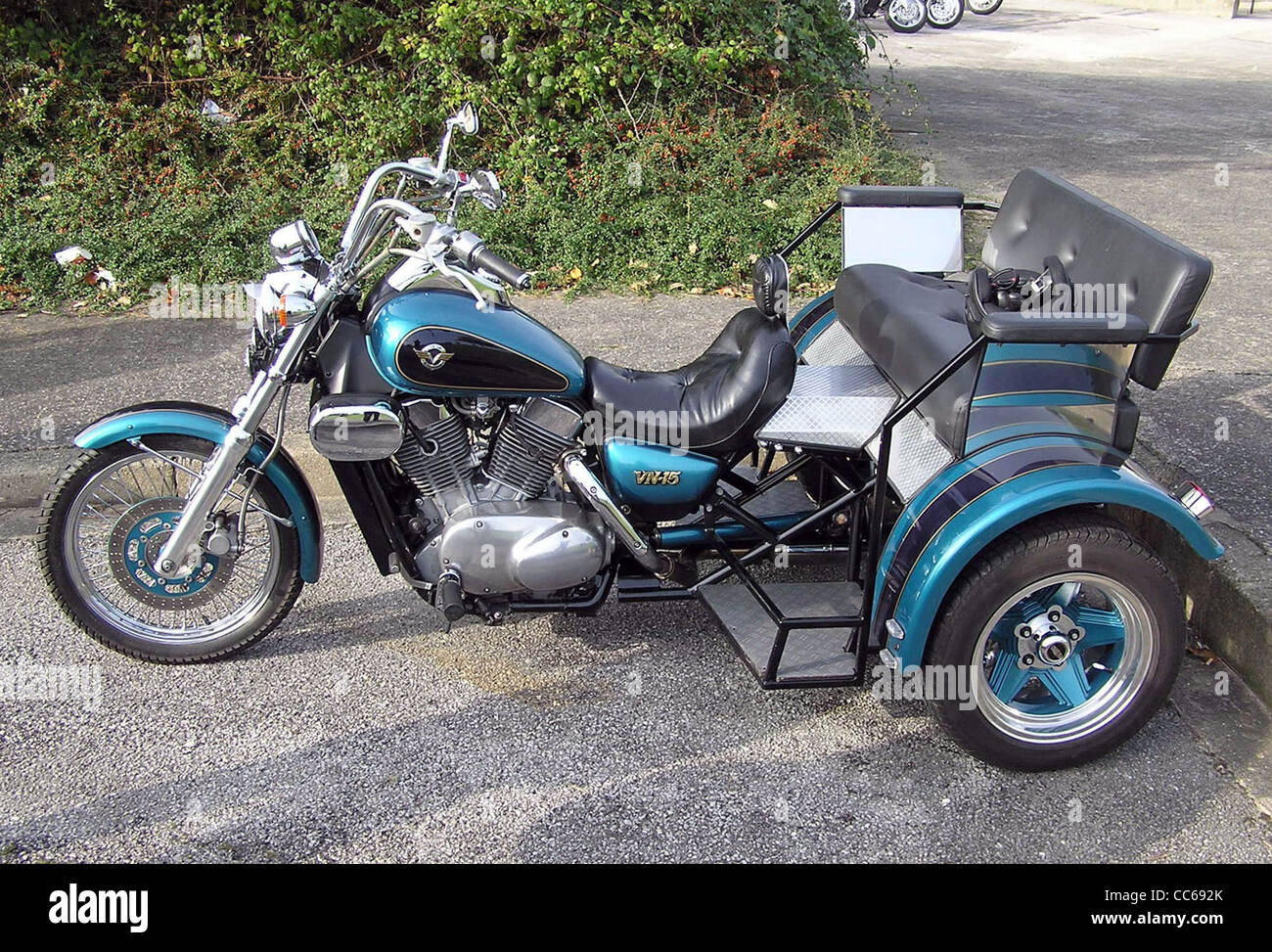 A trike motorcycle on display at Aust Motorway Services in Bristol ...