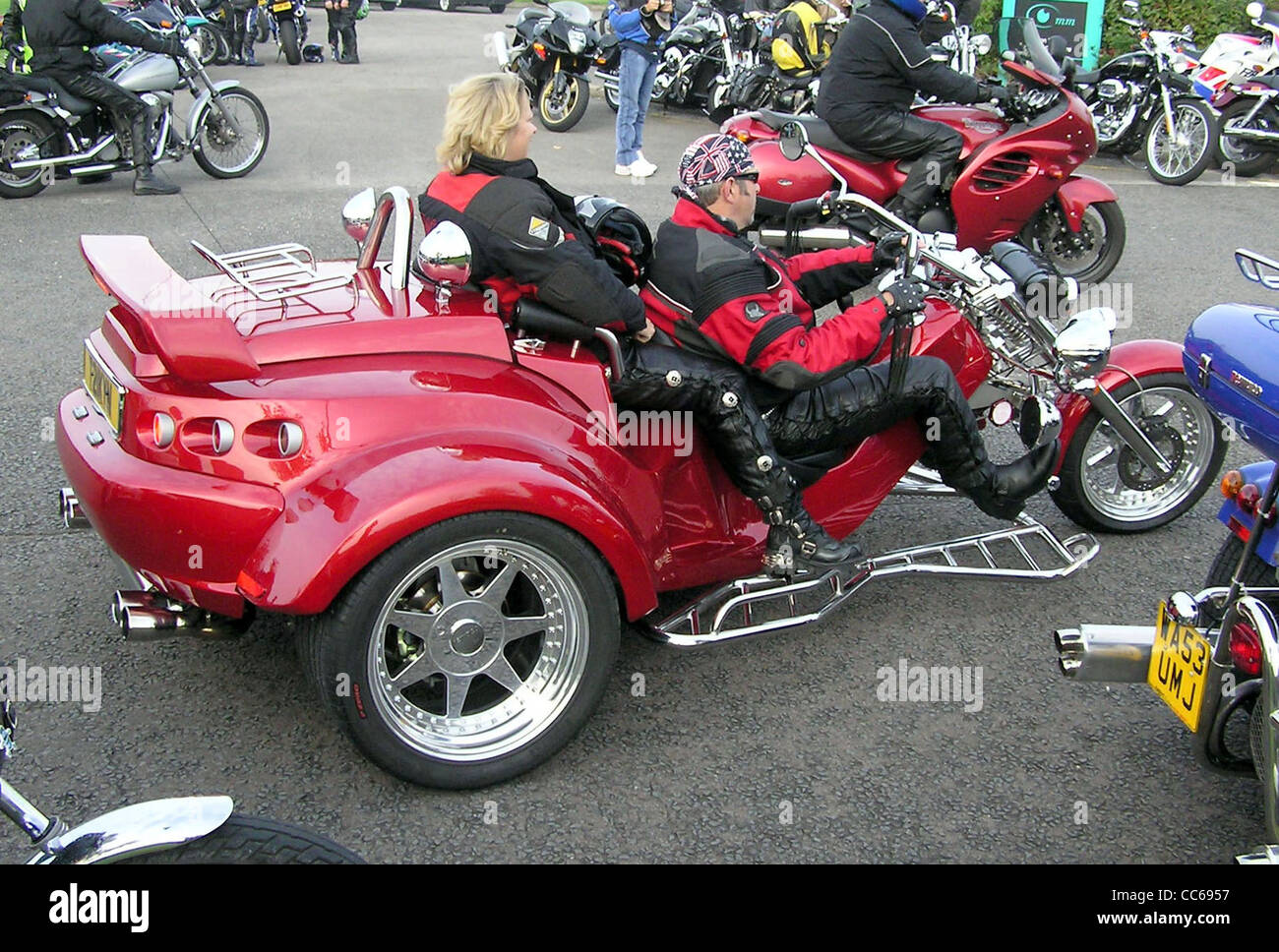 A trike motorcycle is photographed at Aust Motorway Services in Bristol ...