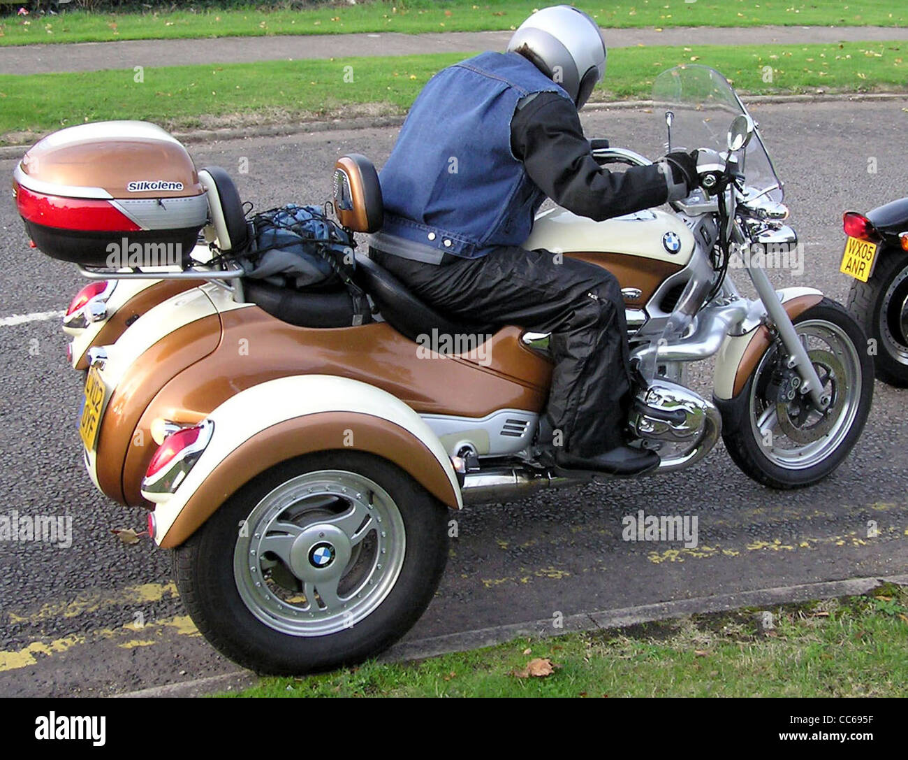 A trike motorcycle parked at Aust Motorway Services, located along the ...