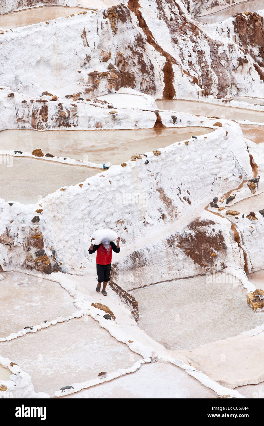 Inca men man workers carrying bags bag at Salinas De Maras terraced ...