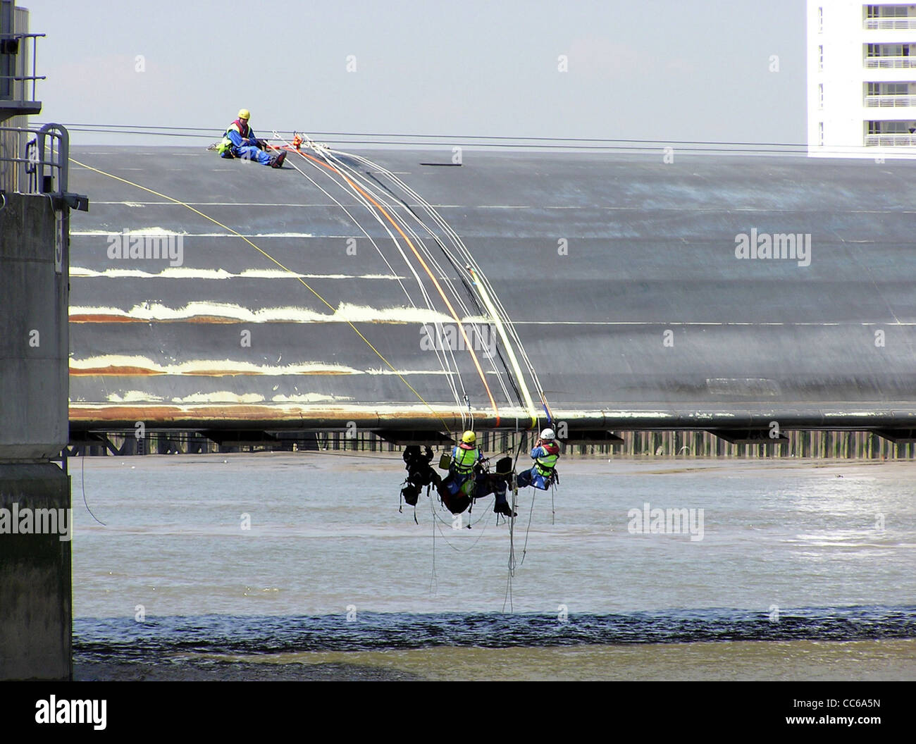 A close-up of the Thames Barrier, located on the River Thames in London ...