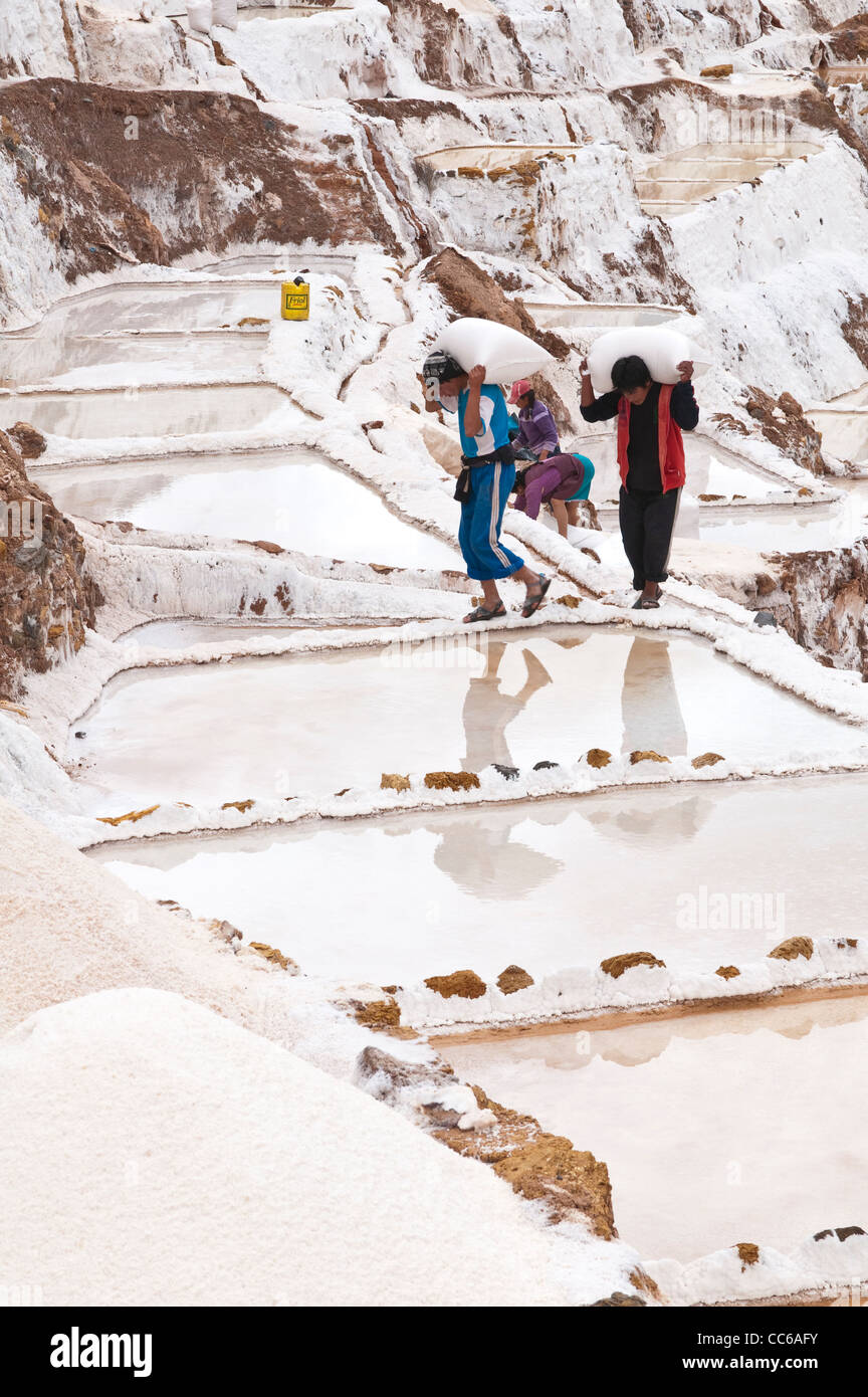 Inca men workers carrying salt bags bag at Salinas De Maras terraced ...
