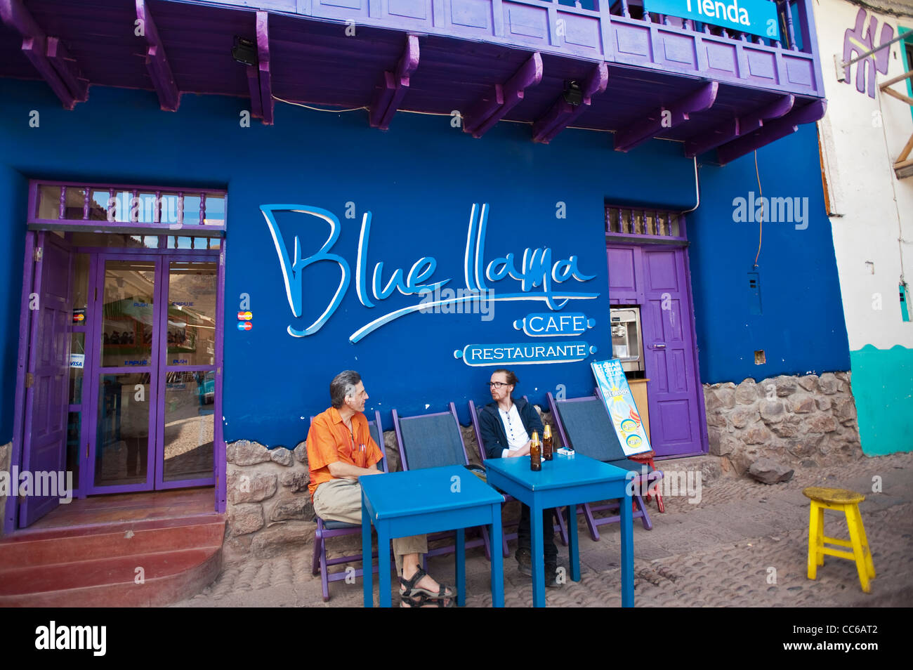 Blue llama cafe at the arts and craft market, Urubamba, Peru Stock ...