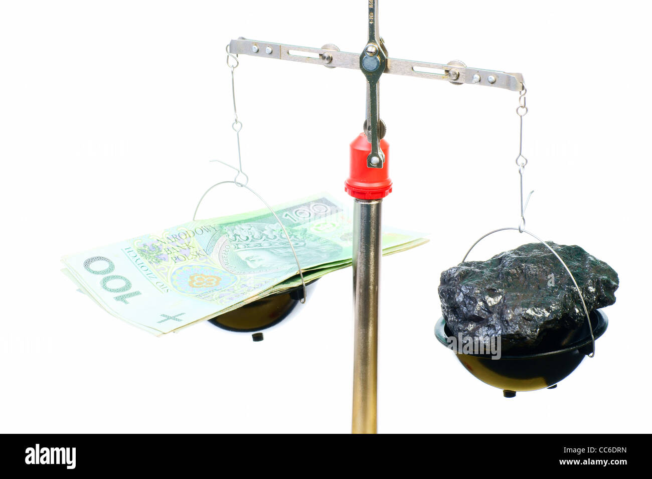 scale pan with money and coal Stock Photo - Alamy