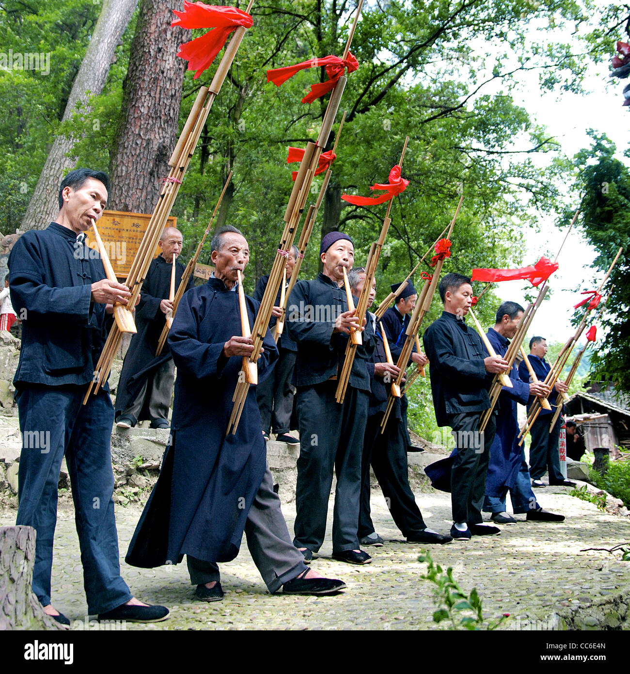 Miao men performing Lusheng, Nanhua Miao Village, Qiandongnan Miao and ...