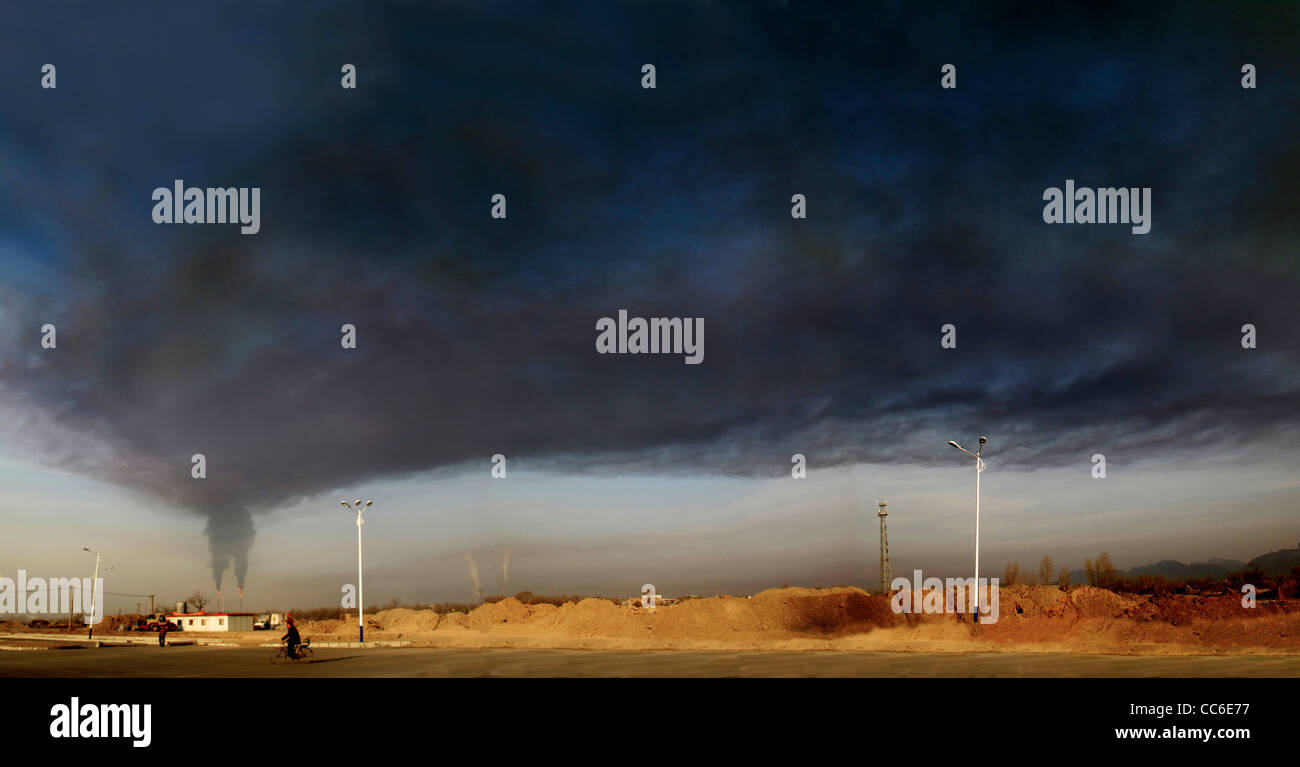 Smoke emerging from smokestack at chemical plant, Lanzhou, Gansu ...